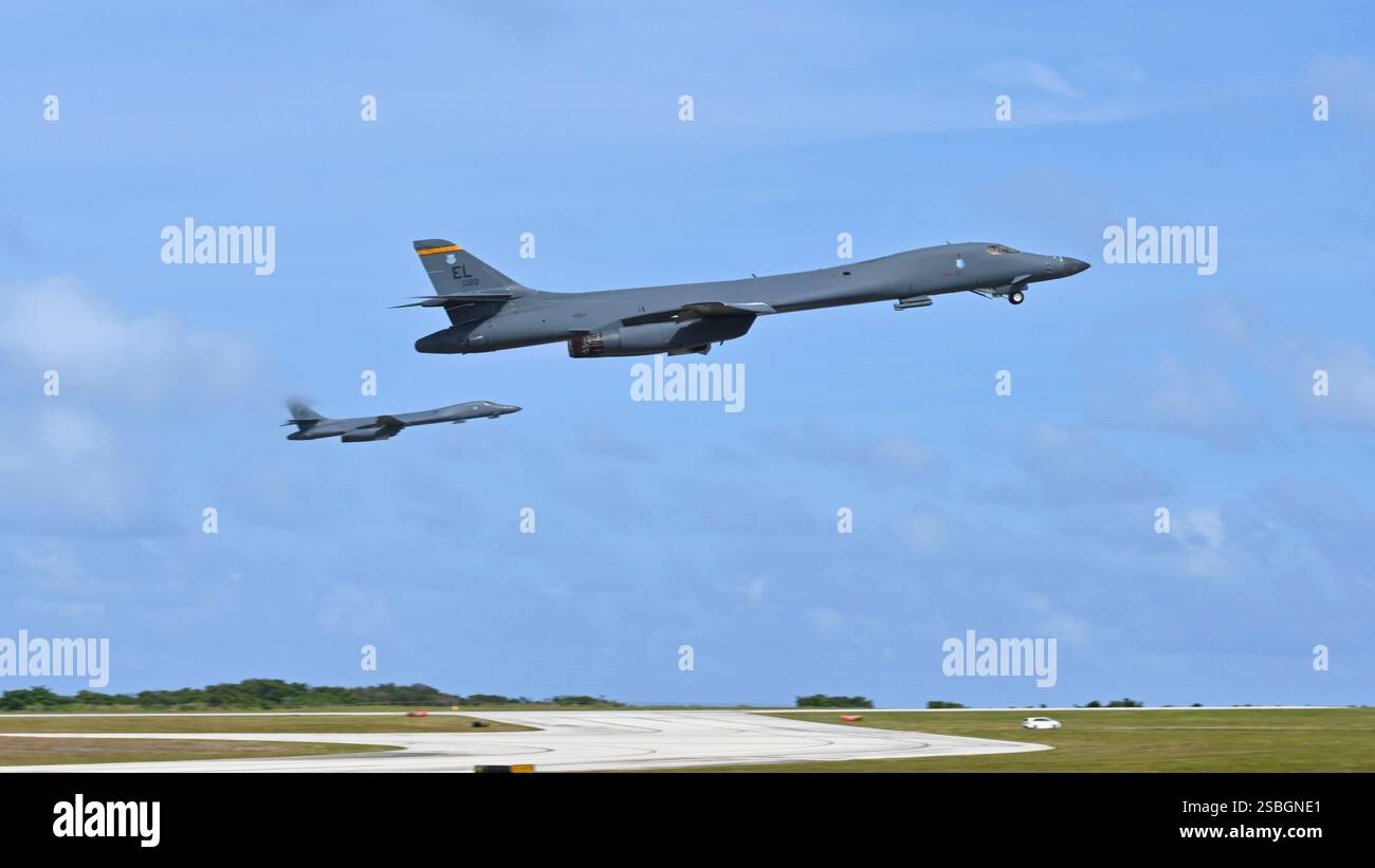Two U.S. Air Force B-1B Lancers assigned to the 34th Expeditionary Bomb ...