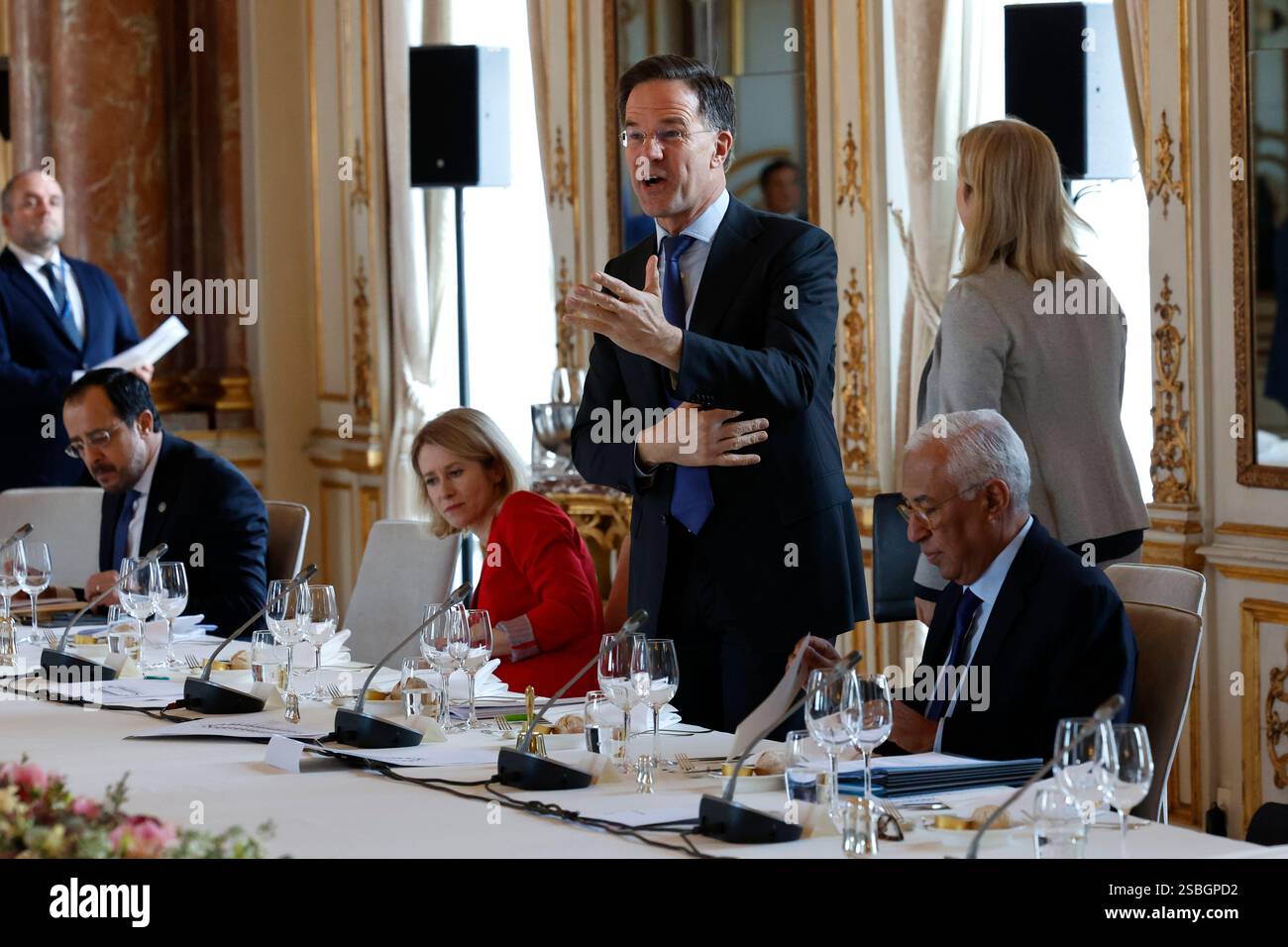 NATO Secretary General Mark Rutte, center, addresses minsters on the ...