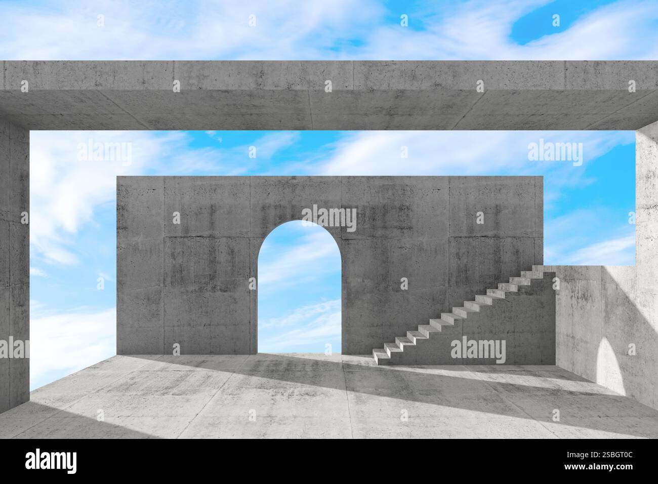 Abstract architecture background with concrete stairs, walls and an ...