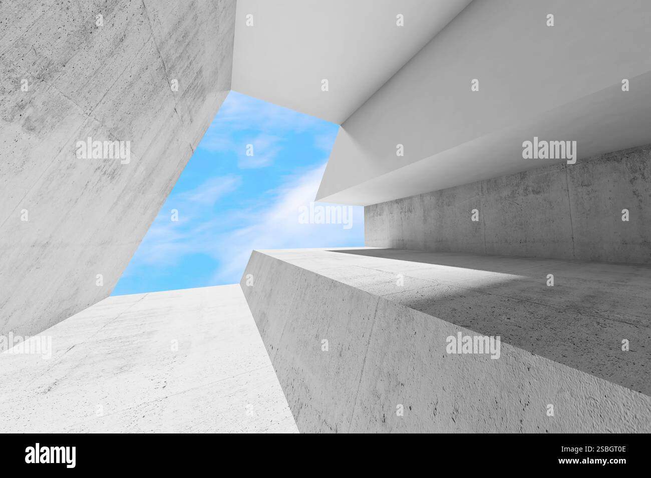 Abstract empty white concrete interior with blue sky behind a window ...