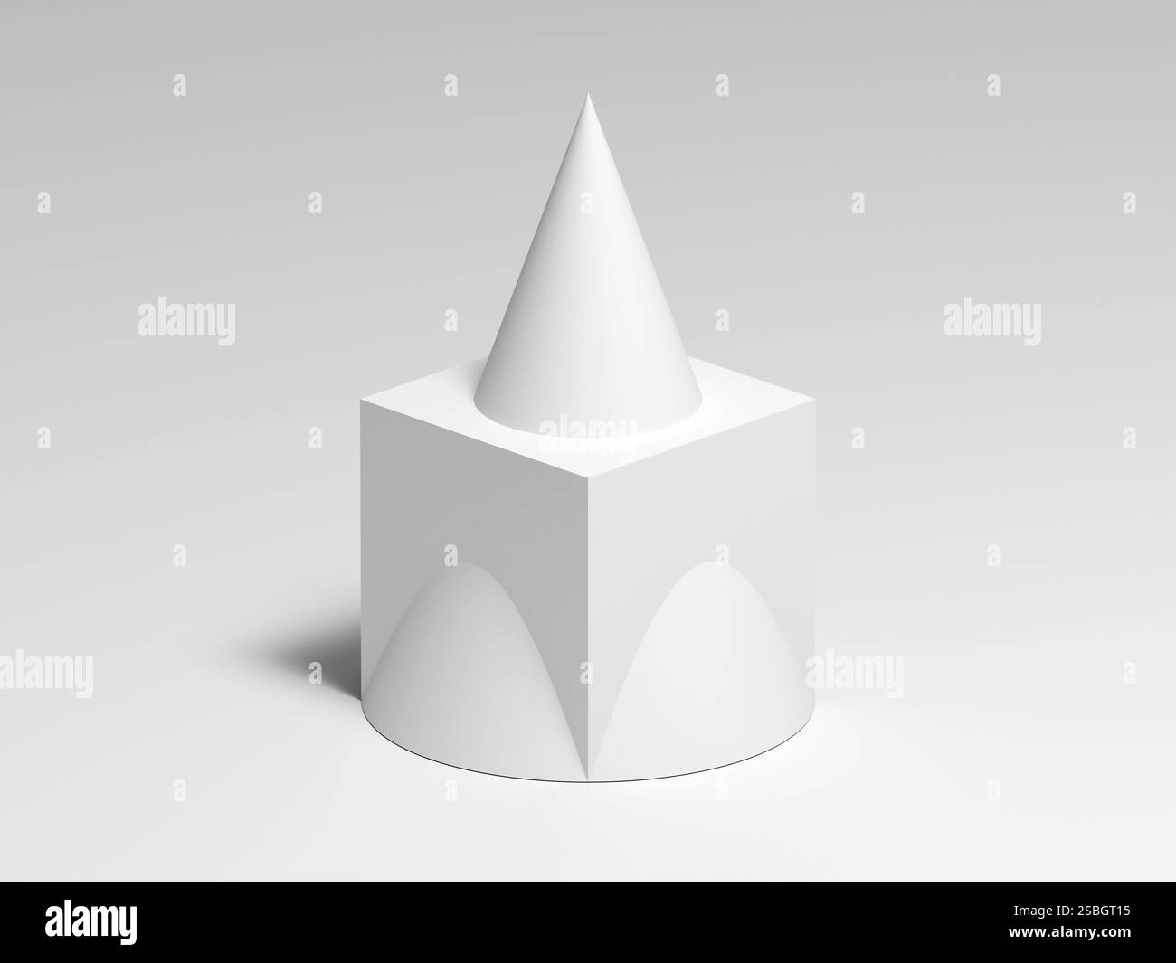 Abstract white geometric installation with a box merged with a cone, 3d ...