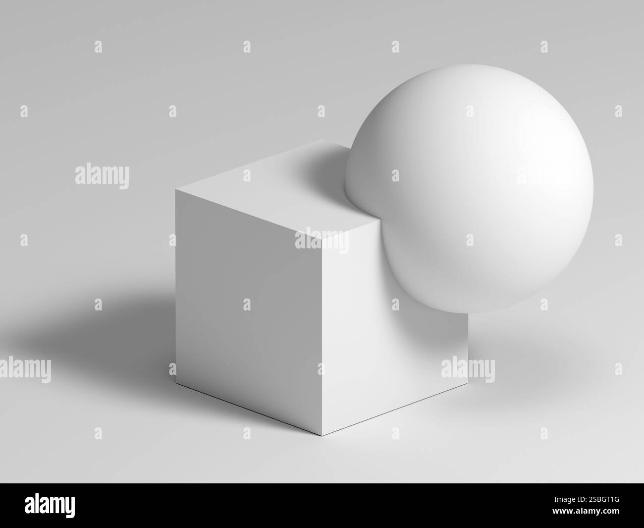 Abstract white geometric installation, a box is merged with sphere, 3d ...