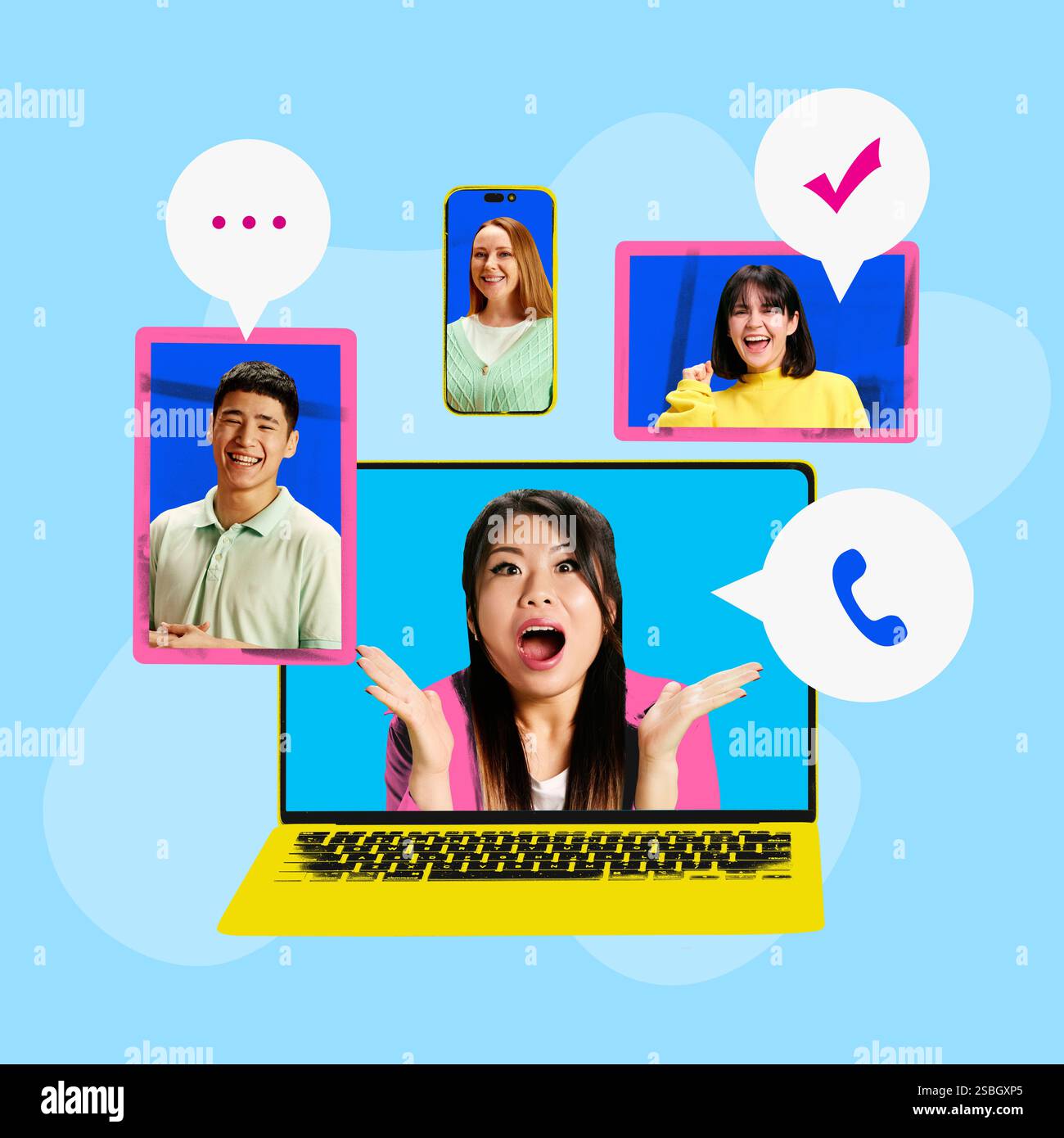 Excited woman into laptop screen with multiple digital icons with ...