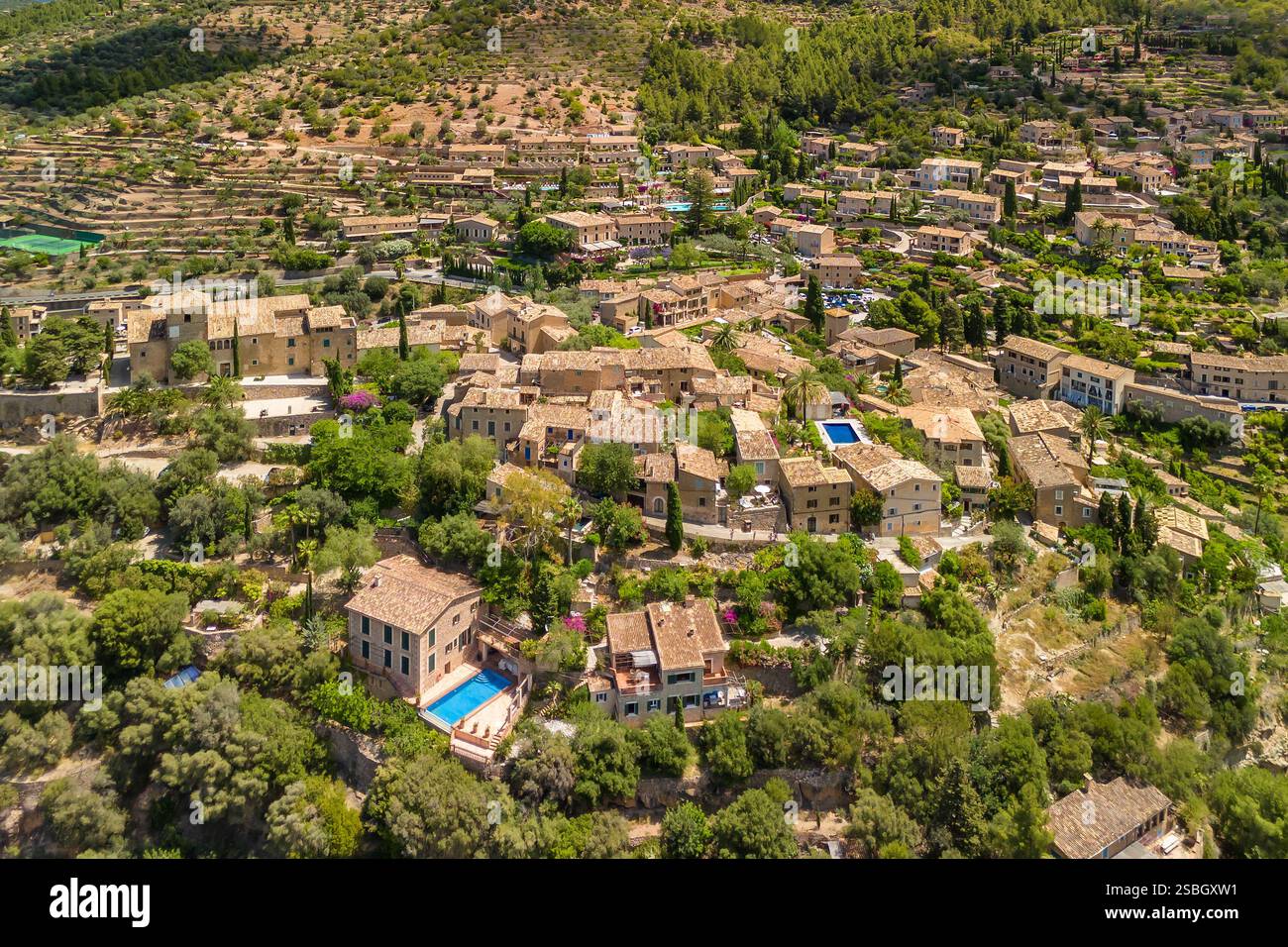 Aerial view of picturesque mountain village Deia, Mallorca, Spain Stock ...