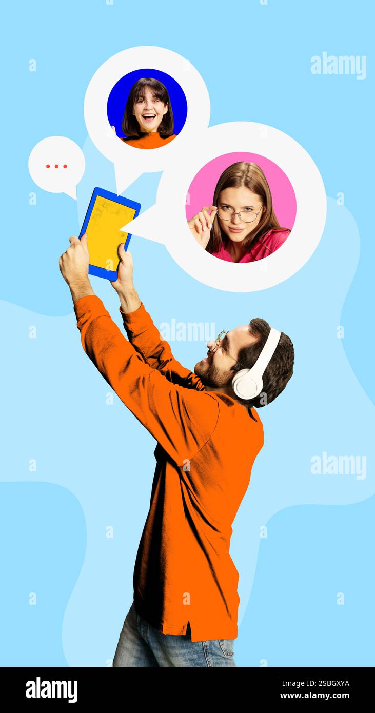 Man in headphones raising tablet upwards with chat bubbles and profile ...