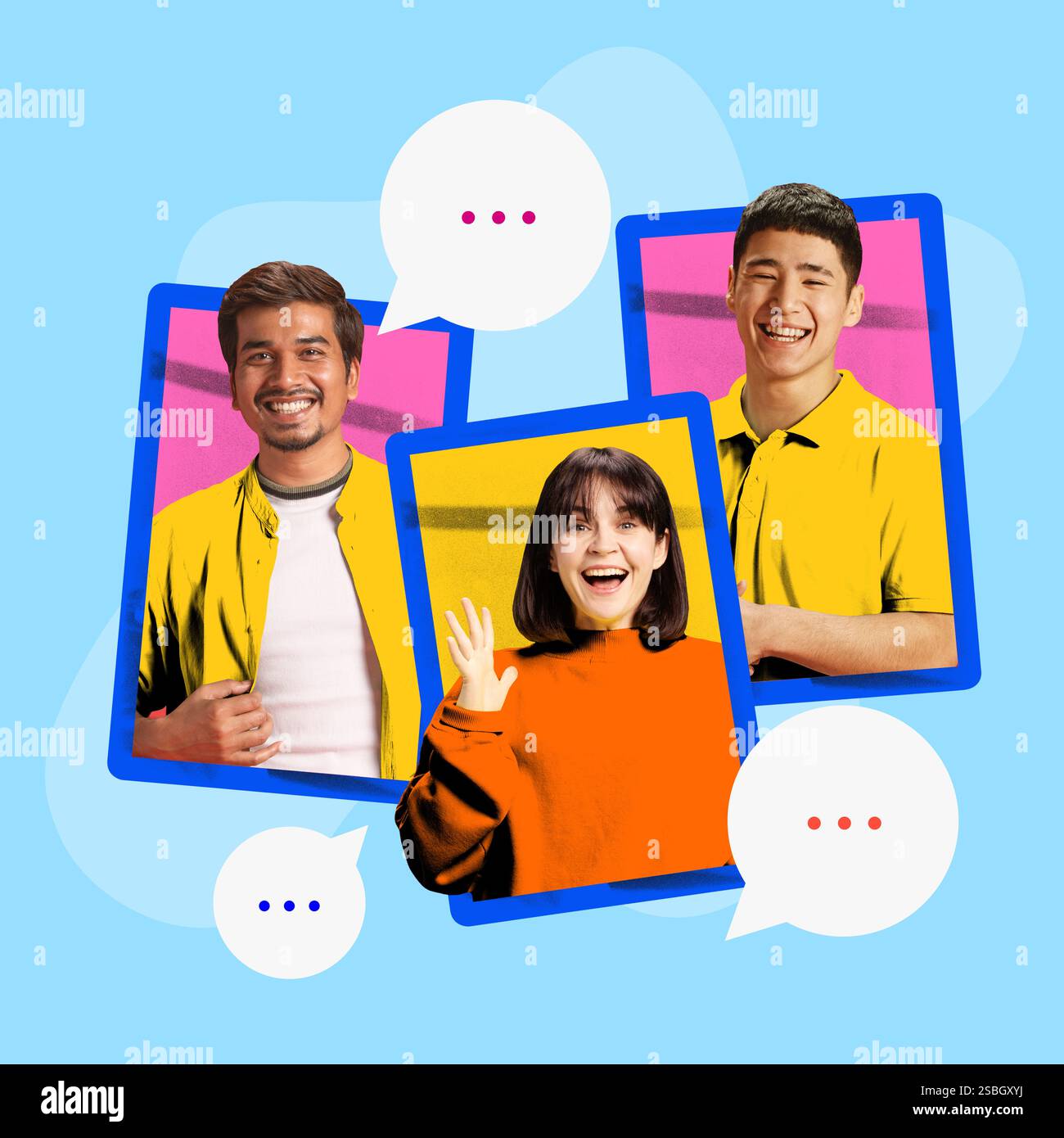 Three young people in chat frames exchanging messages. Virtual ...