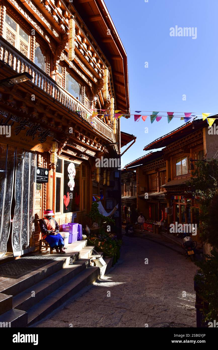 A street in Dukezong Old Town, the historic centre of Shangri-La City ...