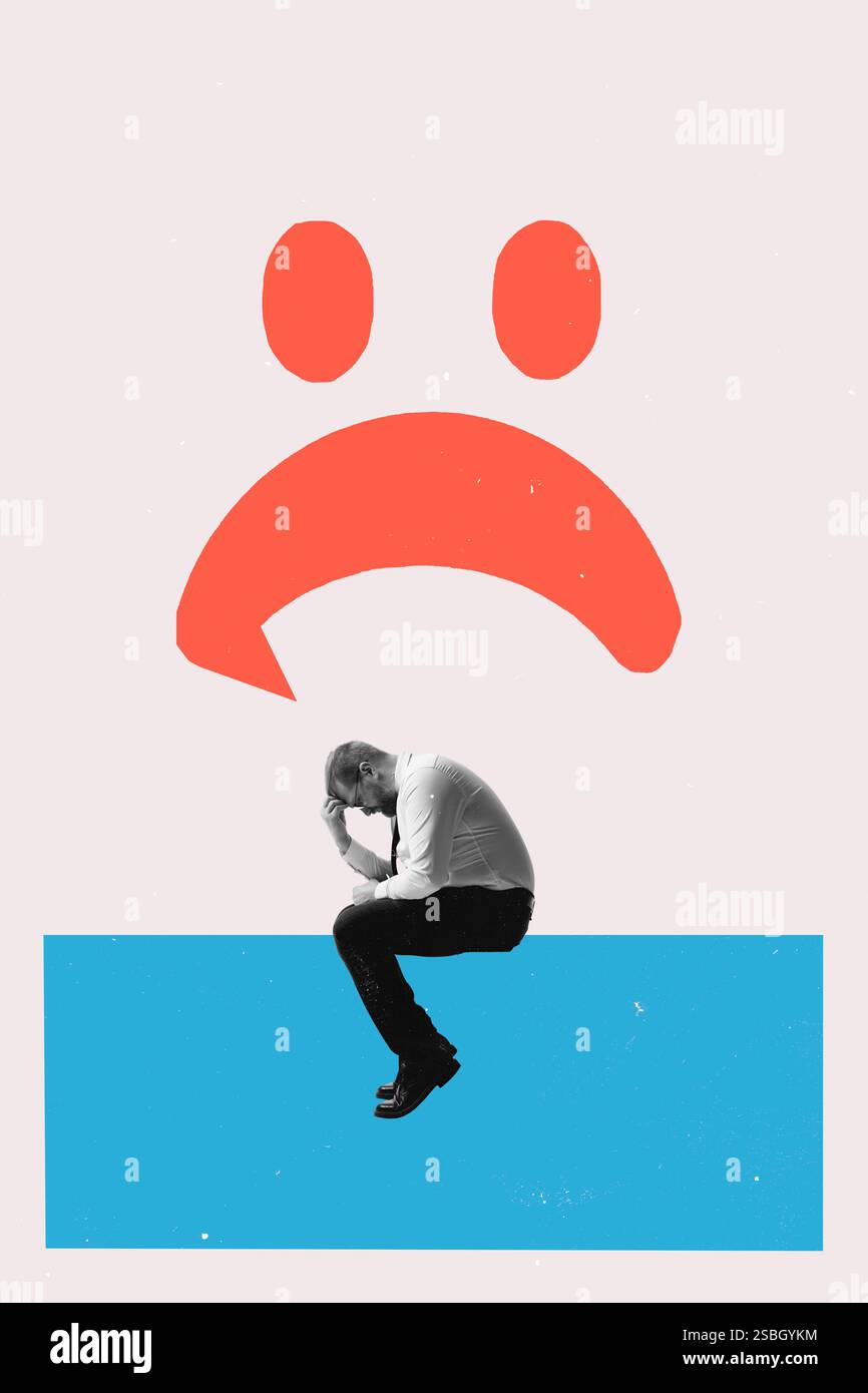 Man sitting under sad emoticon speech bubble. Negative impact of social ...