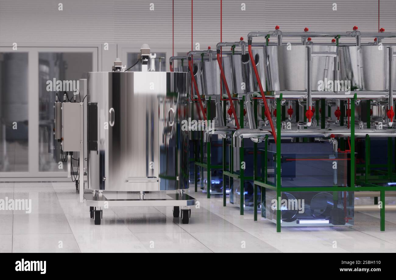Medication production line in pharmaceutical industry-3d illustration ...