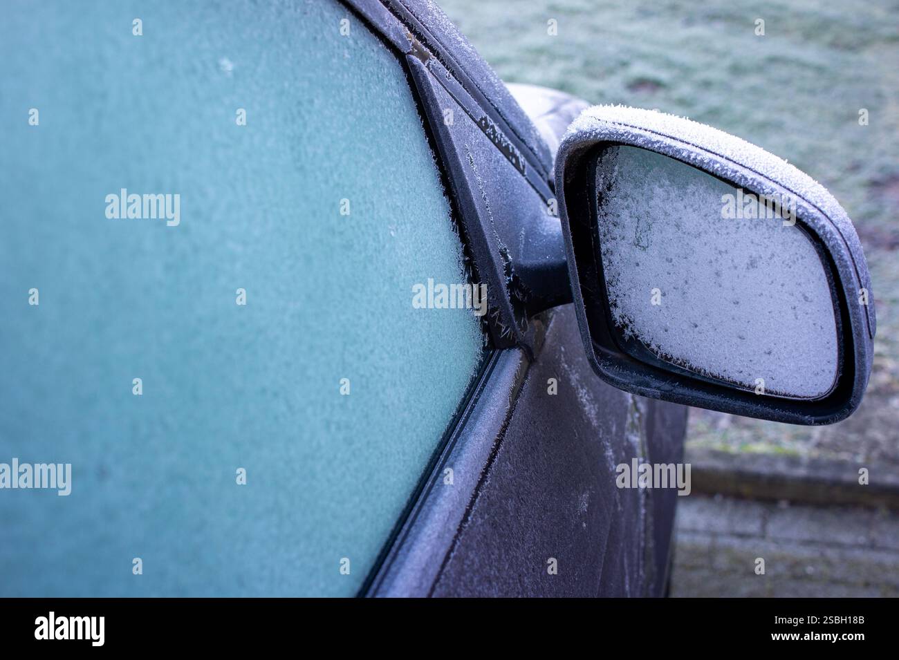 Car mirror in winter in freezing cold with frost in the morning Stock ...