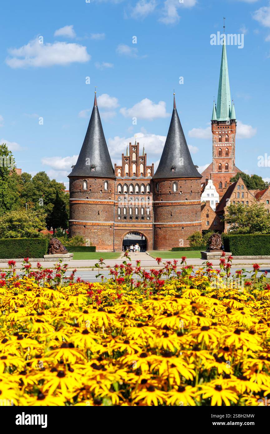 Holsten Gate Holstentor with flowers portrait format Hanseatic town ...