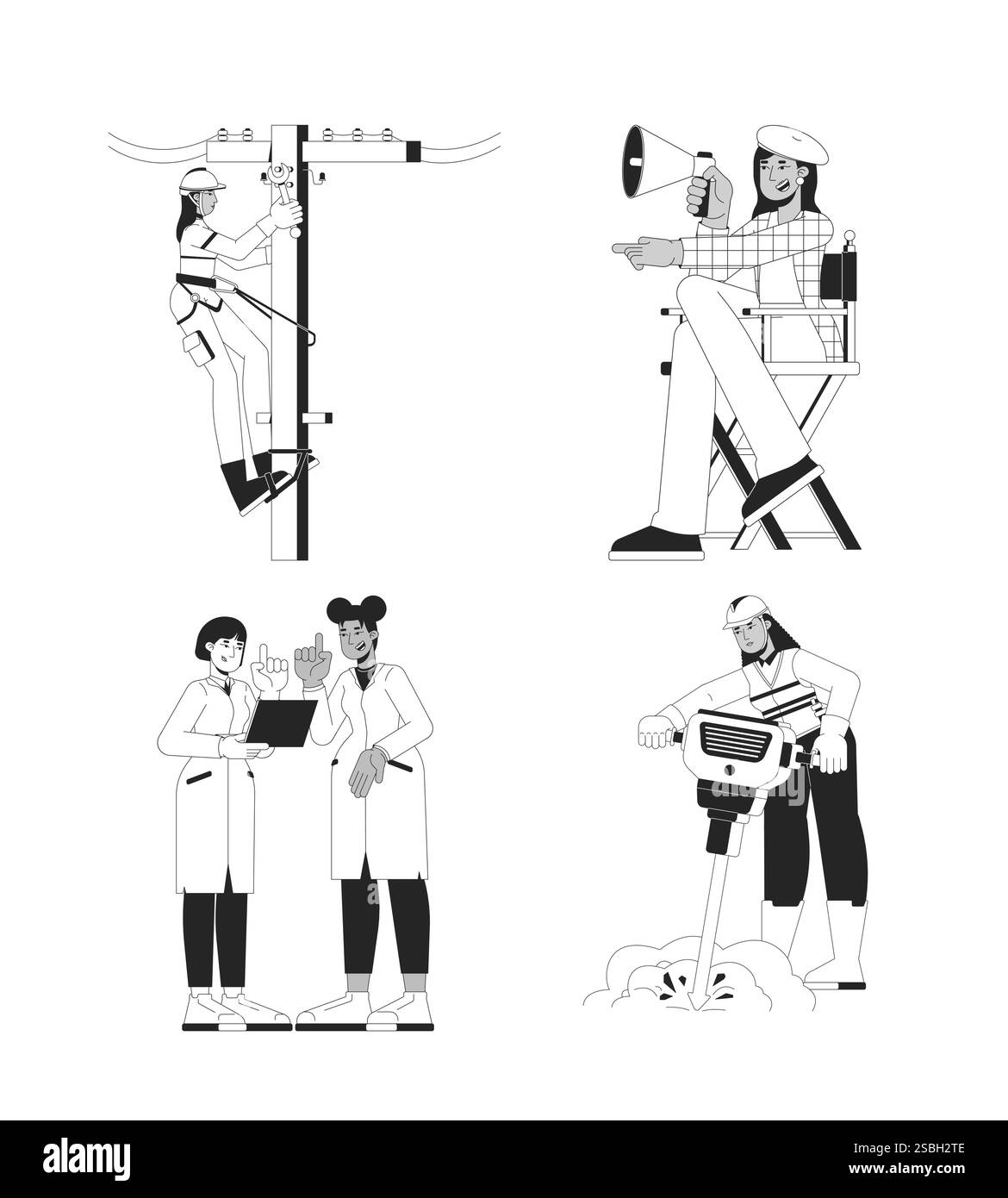 Diverse Women In Male Dominated Workplace Linear Illustrations Set