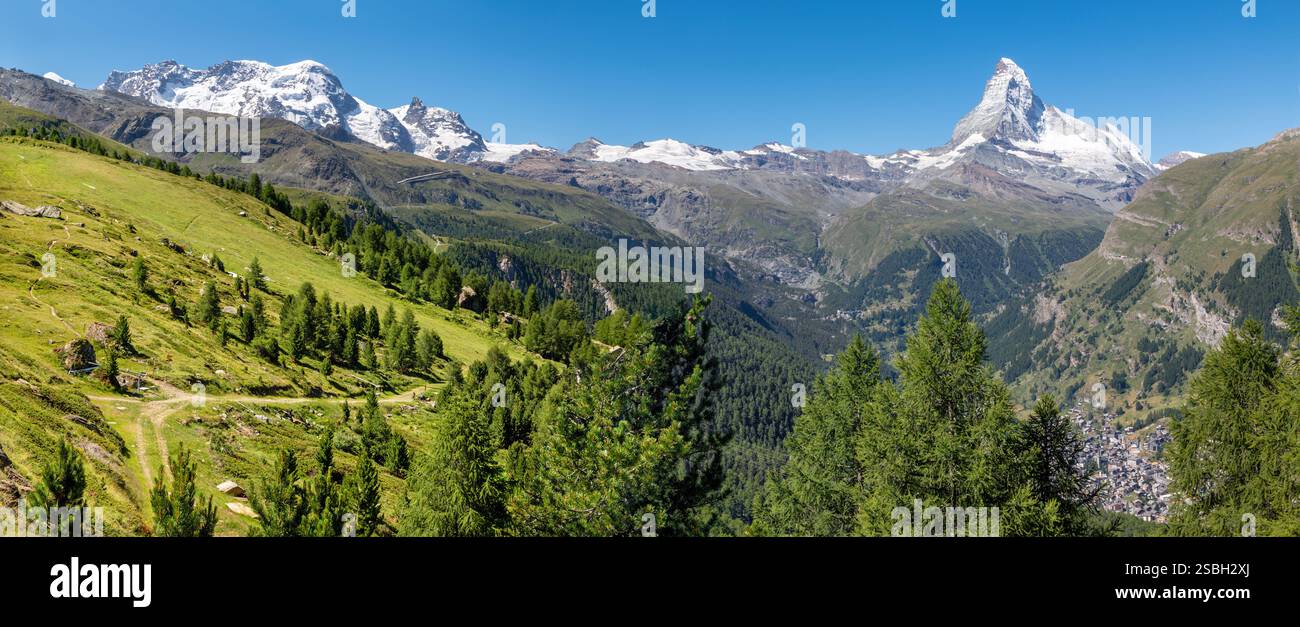 The panorama of swiss walliser alps with the Matterhorn and Breithorn ...