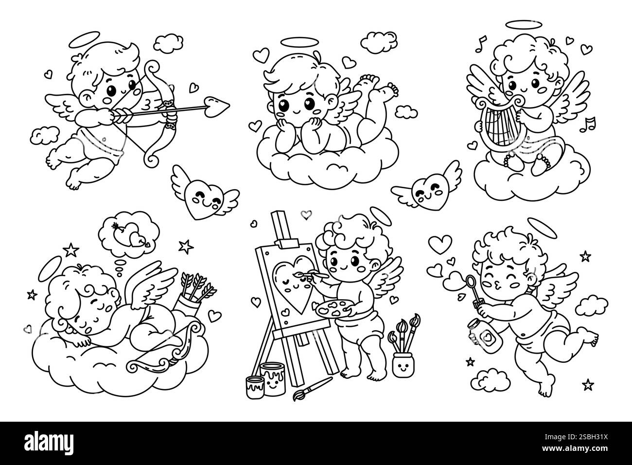 Vector set of Cupid illustrations. Cupid playing harp, painting, shooting arrows, sleeping ...