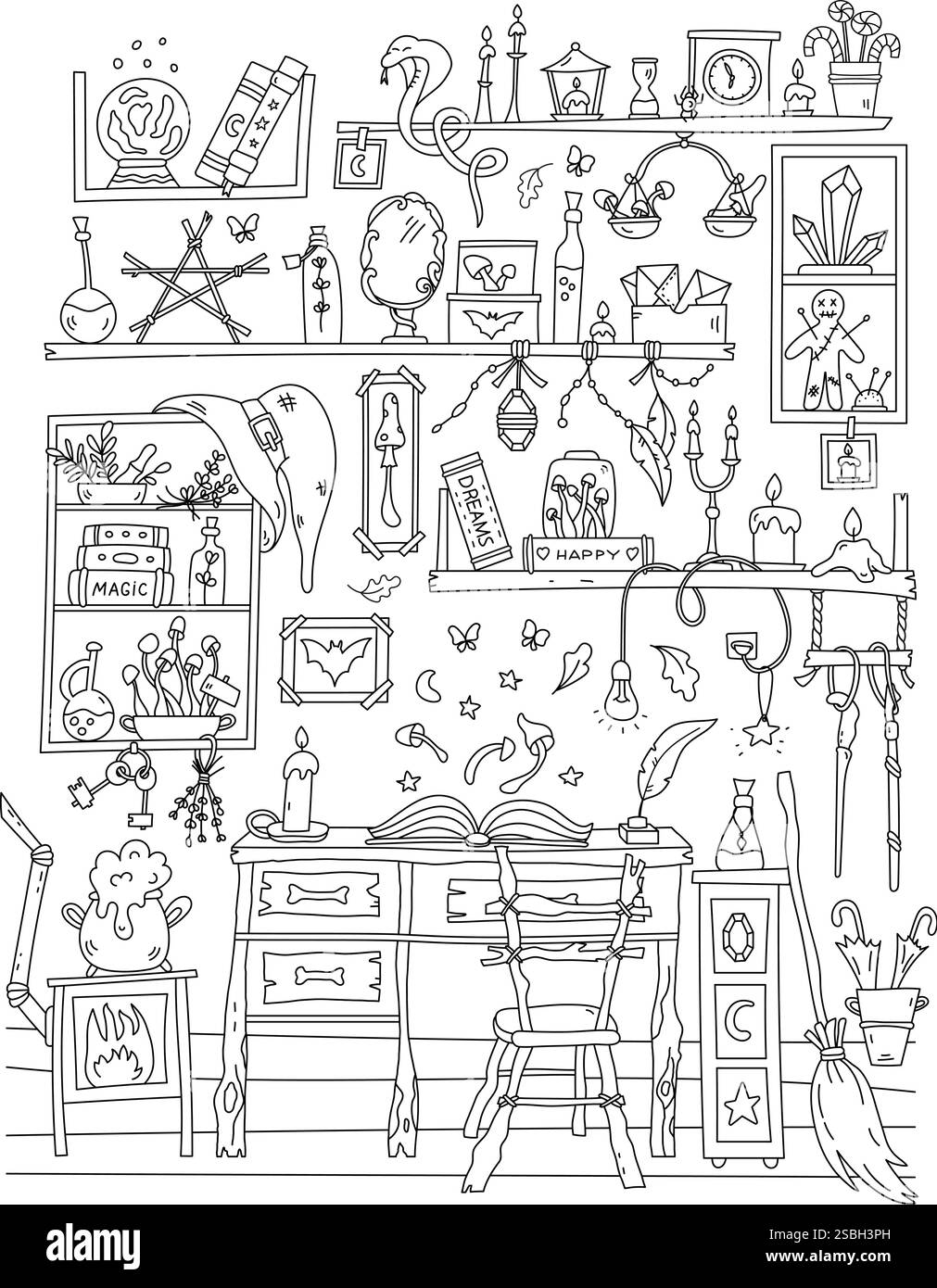 Coloring Page Of Magic Accessories And Wizard Tools On Shelves For Kids ...