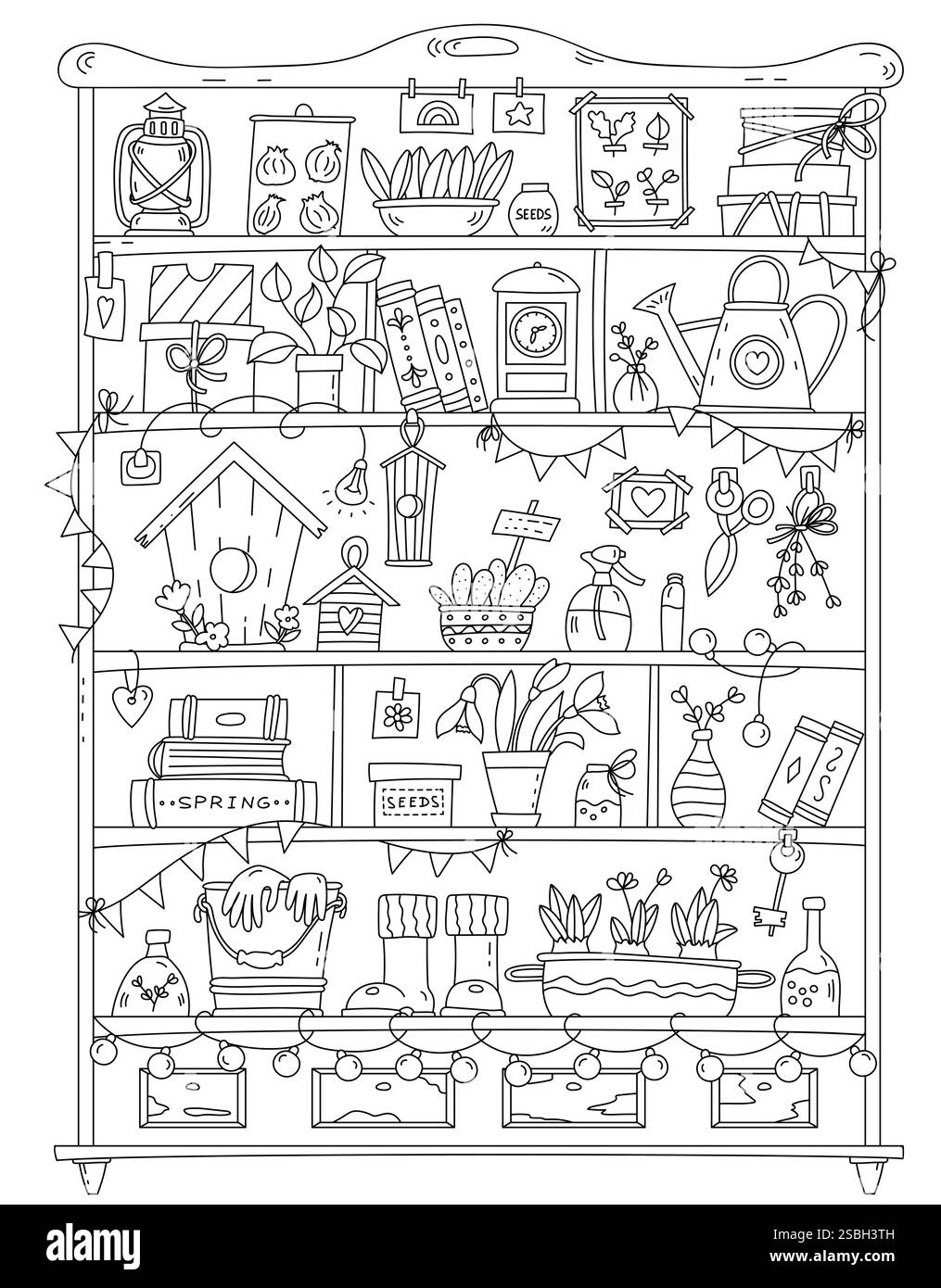 Coloring Page Of Plants Flowers And Gardening Tools On Shelves For Kids ...