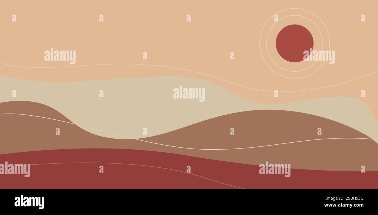 Abstract Boho Landscape Art Featuring Sun and Rolling Curves in Earth ...