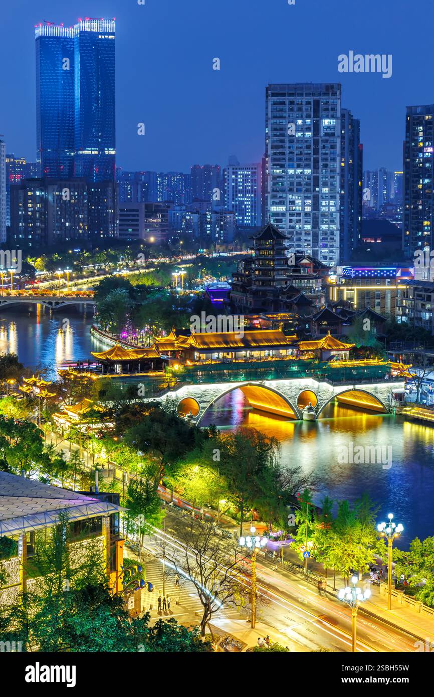 Chengdu cityscape town Anshun Bridge over Jin River at night portrait ...