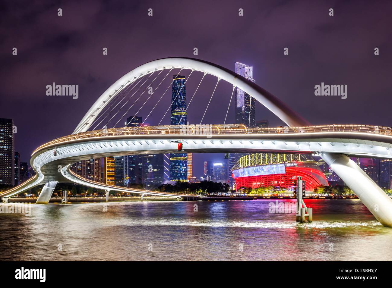 Guangzhou skyline with Haixin Bridge and skyscrapers cityscape at night ...