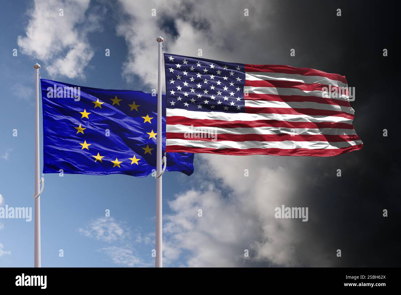 EU and USA flags above blue sky. Europe Union and United States of ...