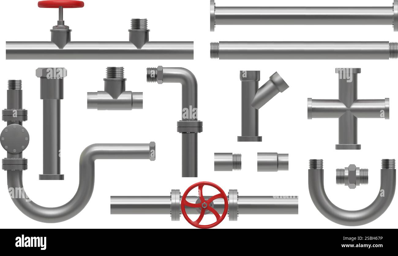 Metal plumbing pipe. 3D steel water tube. Stainless iron plumb or ...