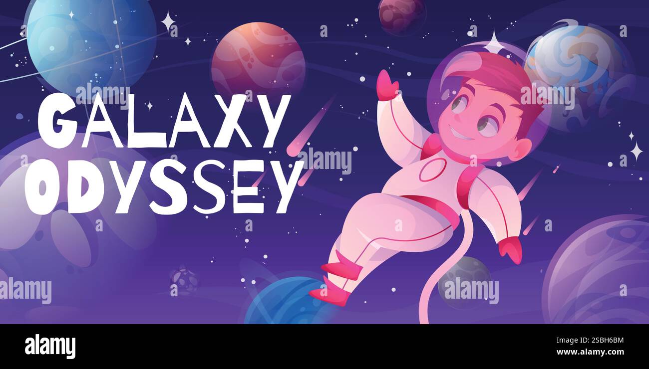 Space kid. Galaxy adventure. Cute astronaut in spacesuit. Rocket fly ...
