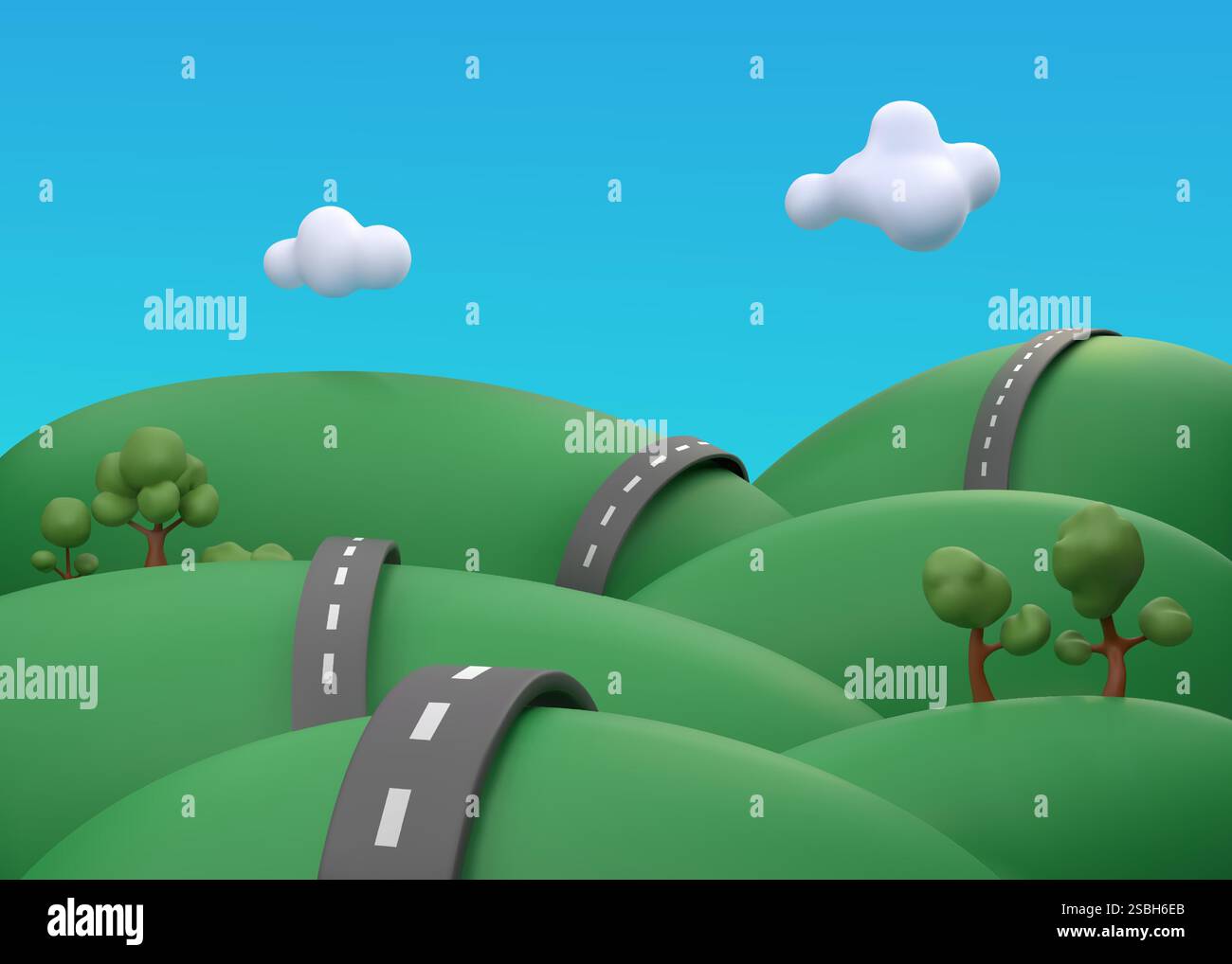 3D roads. Summer hills. Car drive roadway. Green grass. Country trip ...