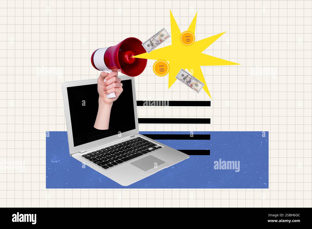 Sketch design trend poster 3D photo collage of laptop monitor hand hold ...