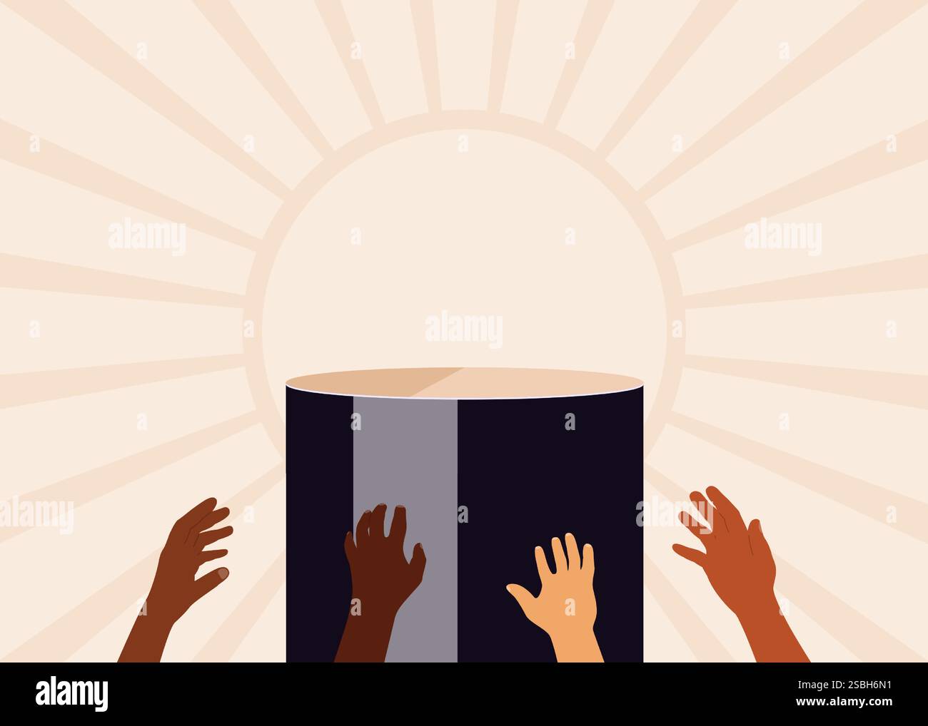 Hands reach for an empty round platform or catwalk. The concept of ...