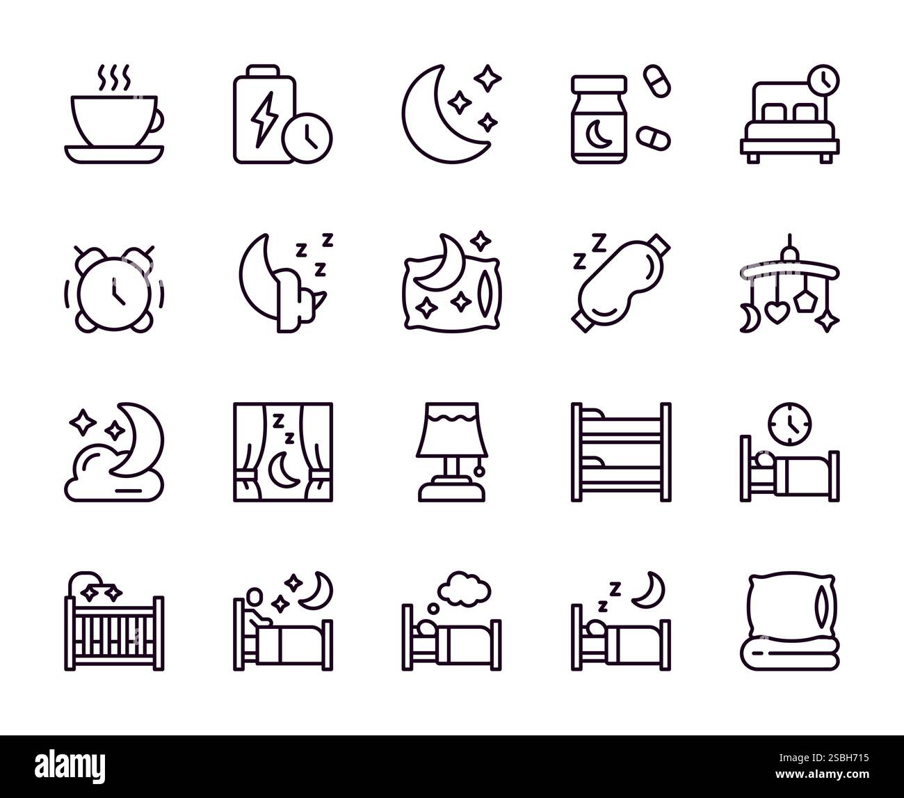 Sleep icons. Line bed. Night dream. Pillow and blanket. Moon at sky ...