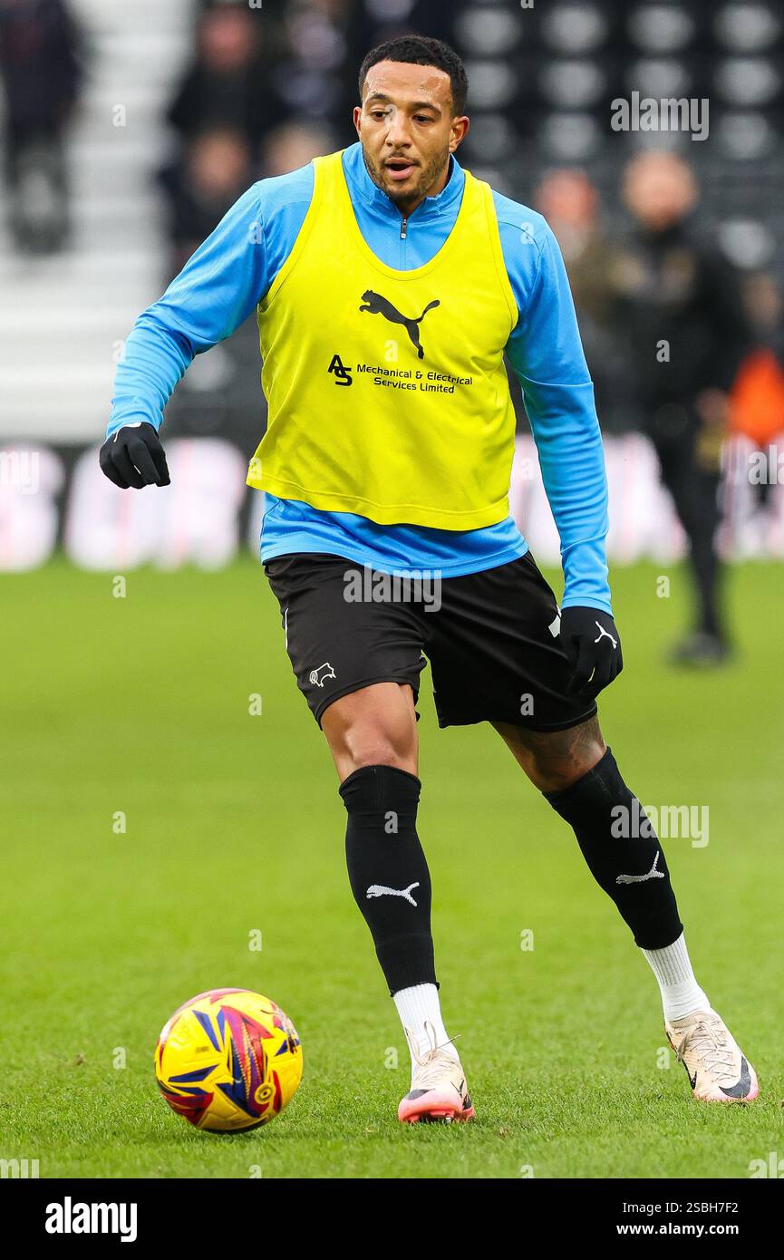 Derby County's Nathaniel Mendez-Laing warming up before the Sky Bet ...