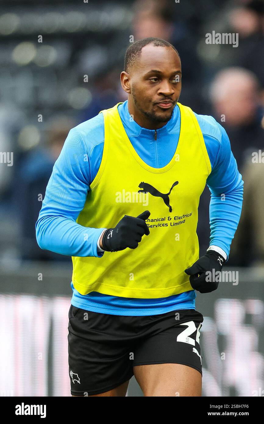 Derby County's Ryan Nyambe warming up before the Sky Bet Championship ...