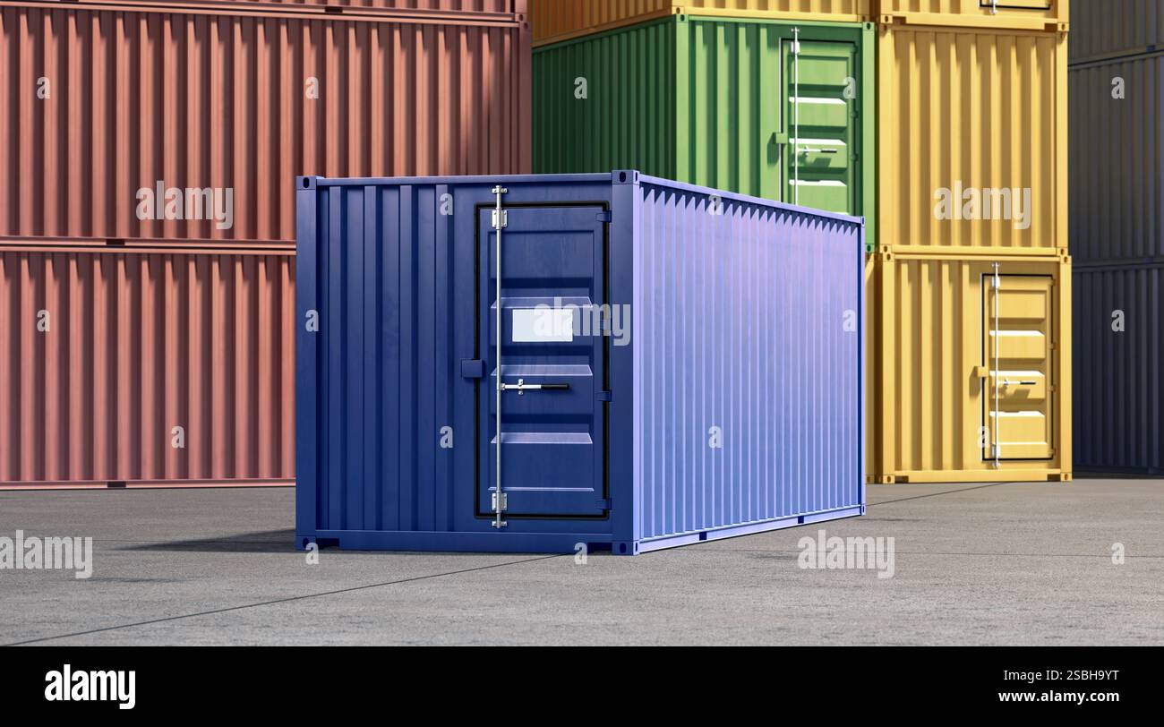 Colored steel cargo container standing in port mockup, 3d rendering ...