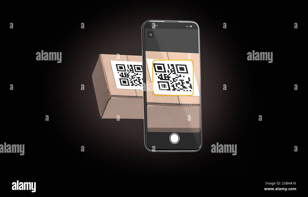 Phone qr code scanning on box delivering, black background, 3d ...