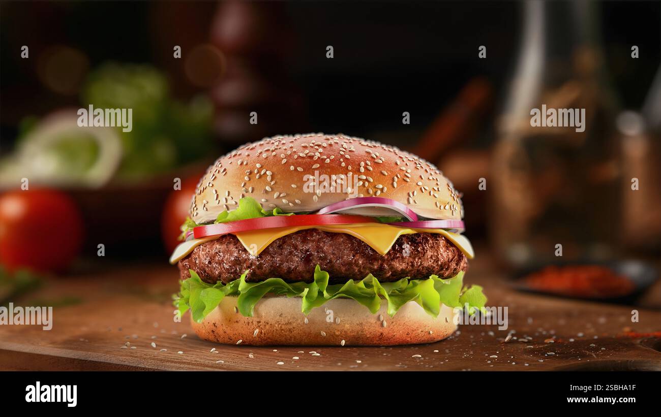 Beef hamburger with cheese mockup on kitchen background, 3d rendering ...