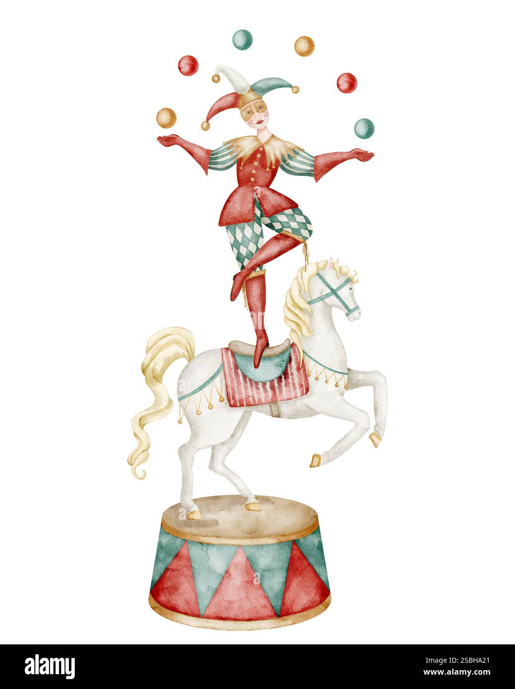 Watercolor illustration of a Clown balancing on white Circus Horse atop ...