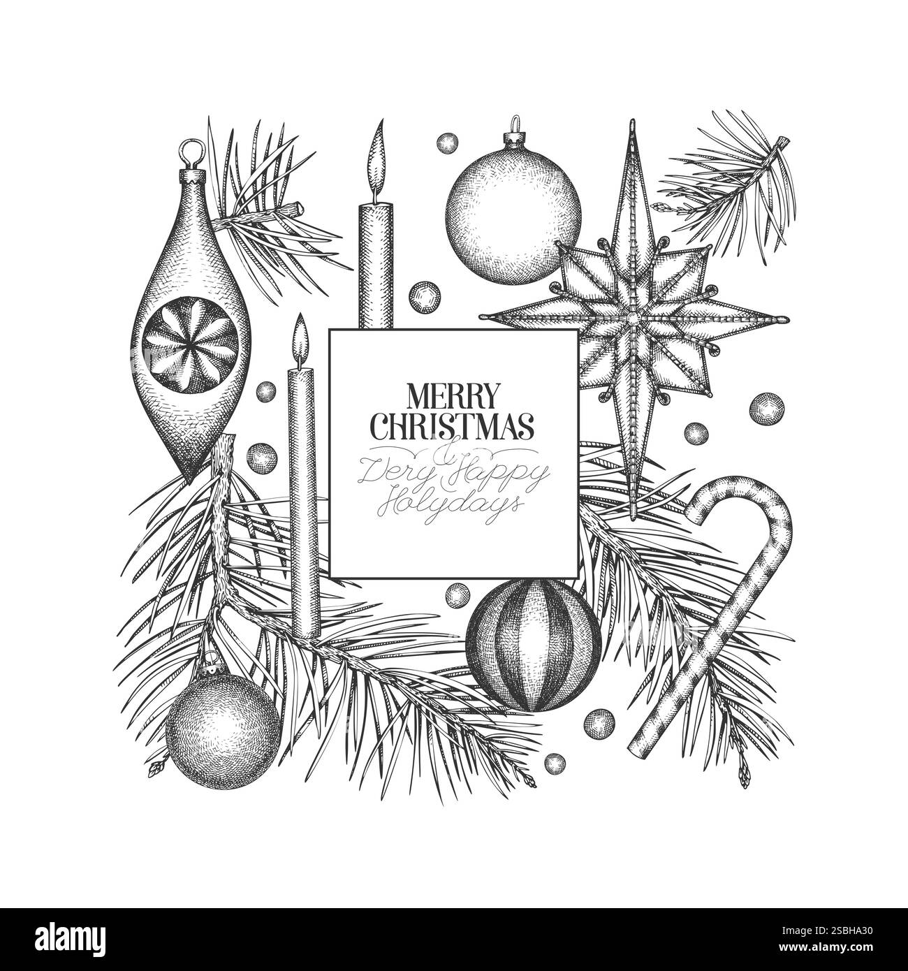 Christmas Hand Drawn Vector Greeting Card Design Template. Vintage ...