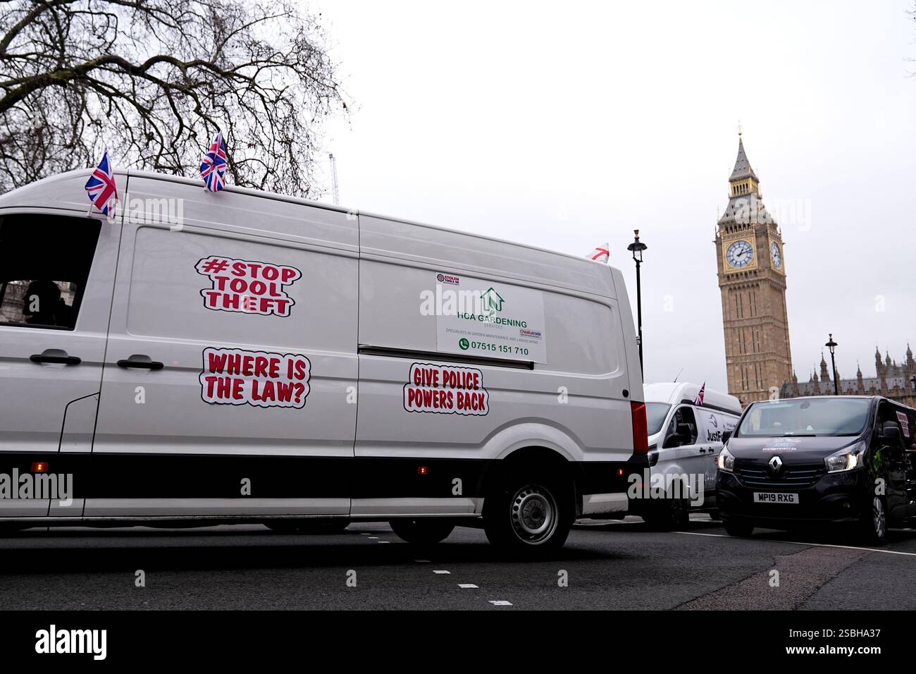 Vehicles take part in a slow drive protest against tool theft in ...