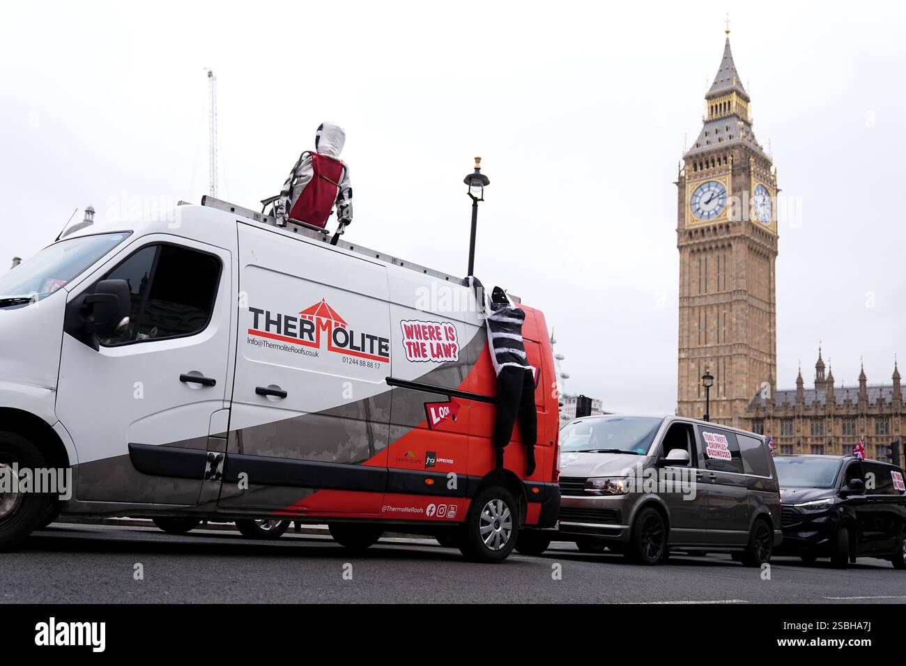 Vehicles take part in a slow drive protest against tool theft in ...