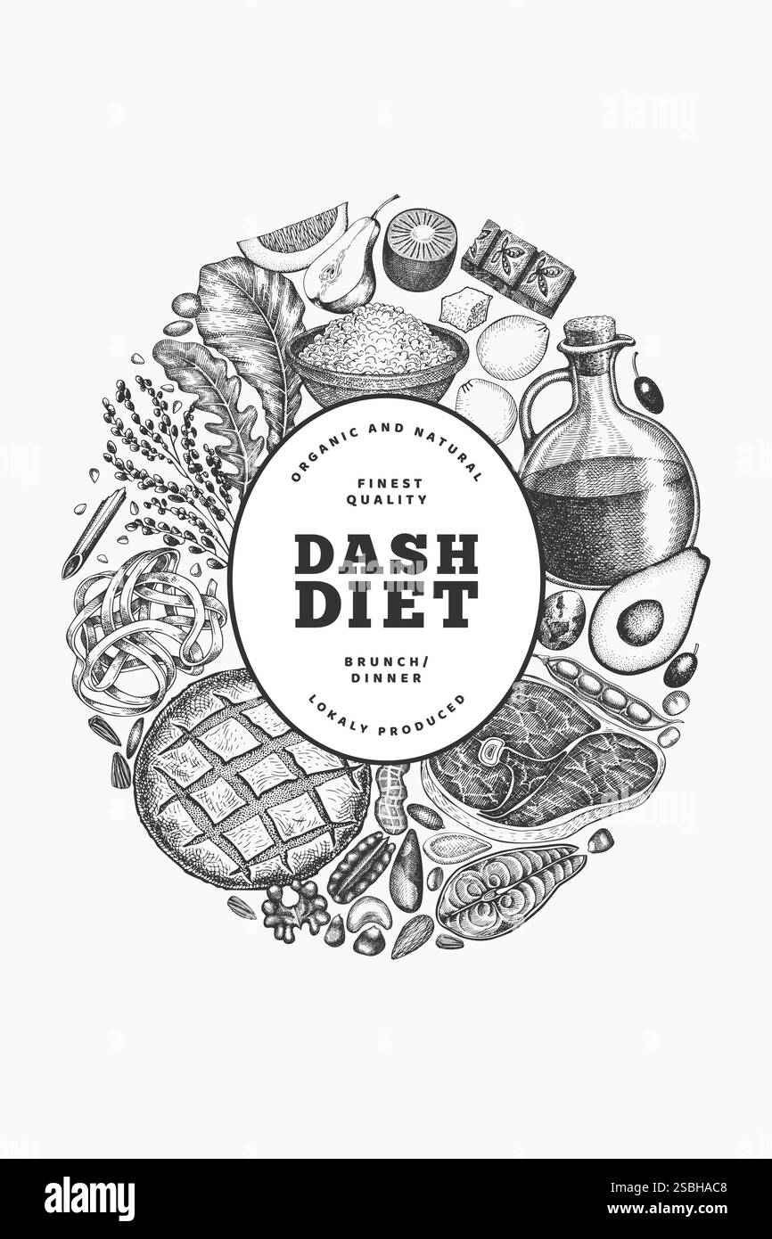 Dash Diet Design Template. Vector Hand Drawn Healthy Food Banner ...