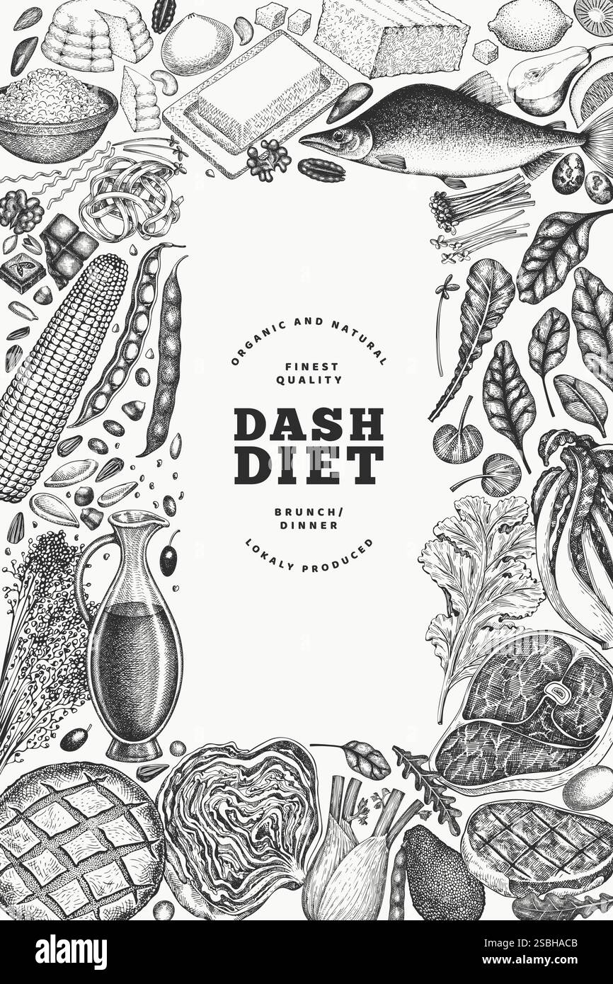 Dash Diet Design Template. Vector Hand Drawn Healthy Food Banner ...