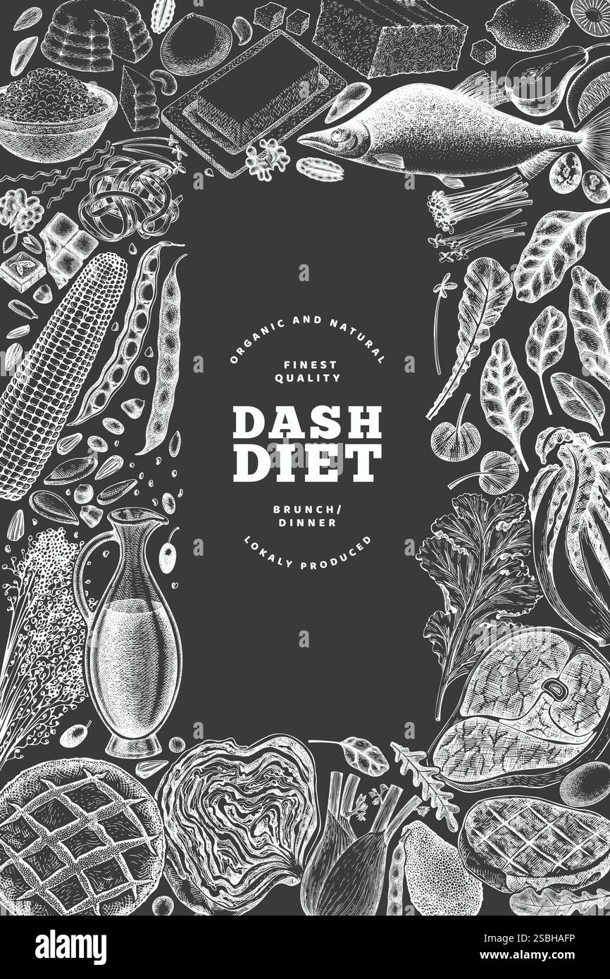Dash Diet Design Template. Vector Hand Drawn Chalk Board Healthy Food ...