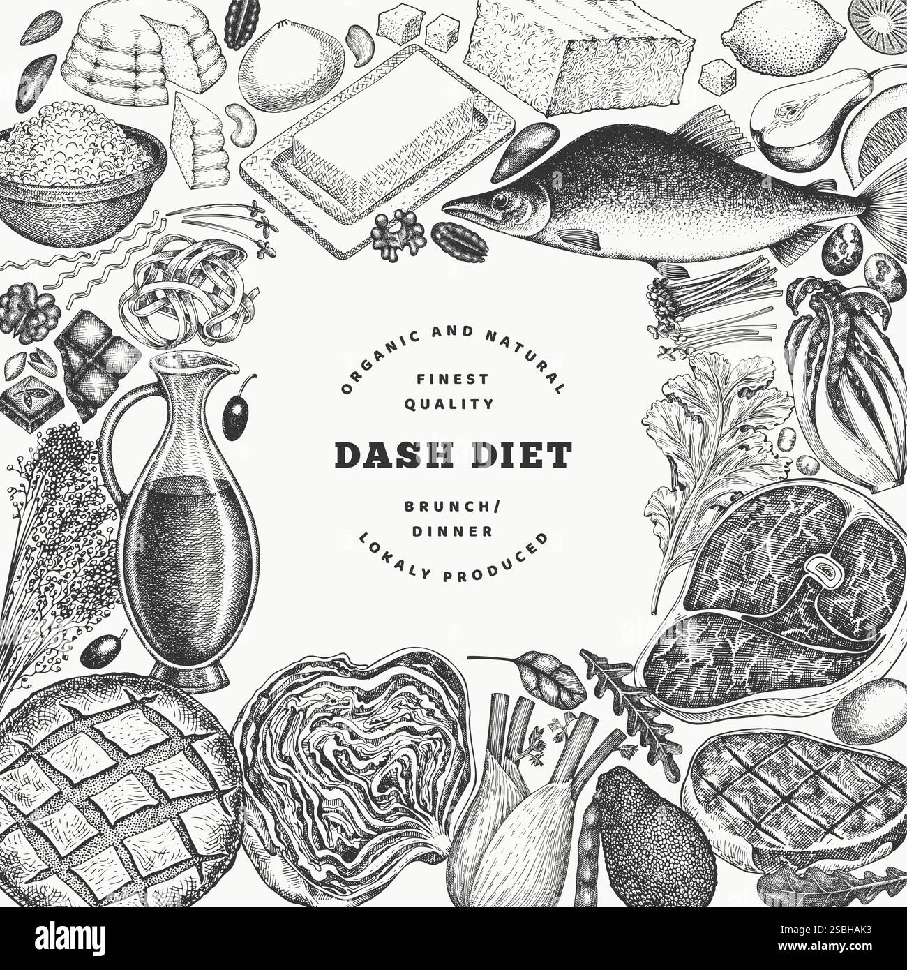 Dash Diet Design Template. Vector Hand Drawn Healthy Food Banner ...