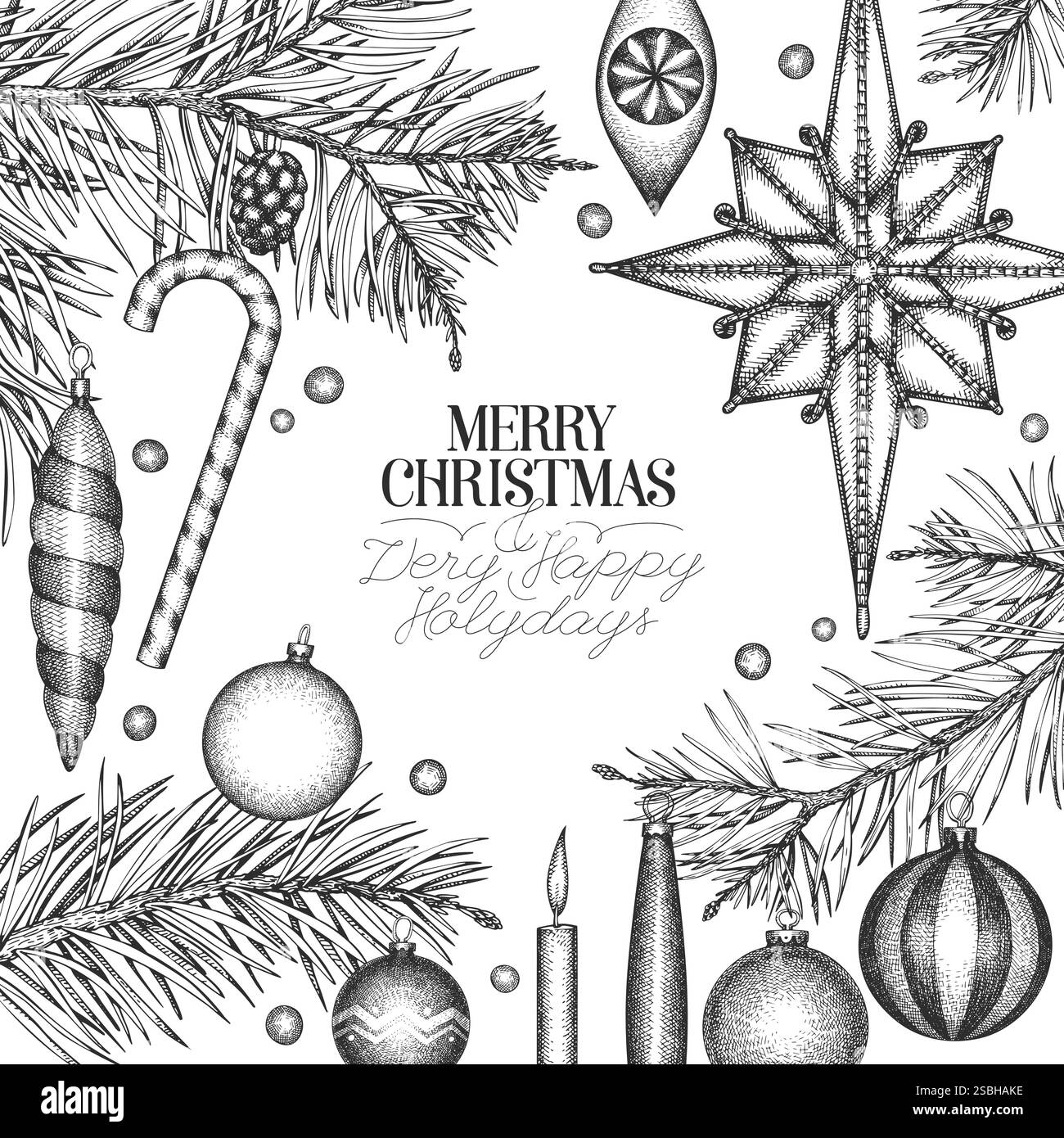 Christmas Hand Drawn Vector Greeting Card Design Template. Vintage ...