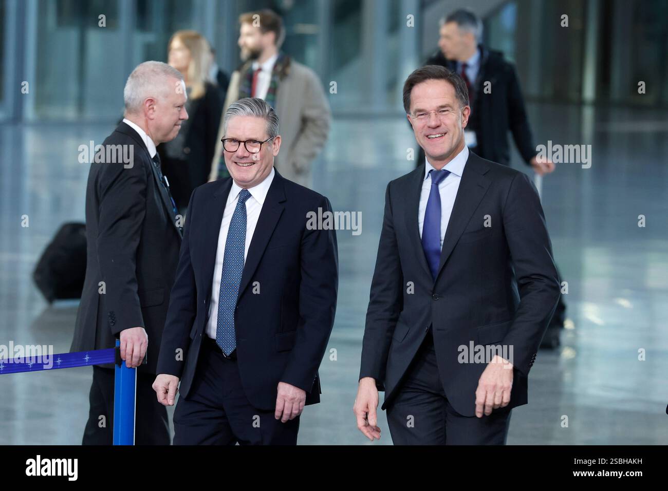 Britain's Prime Minister Keir Stammer, left, is greeted by NATO ...