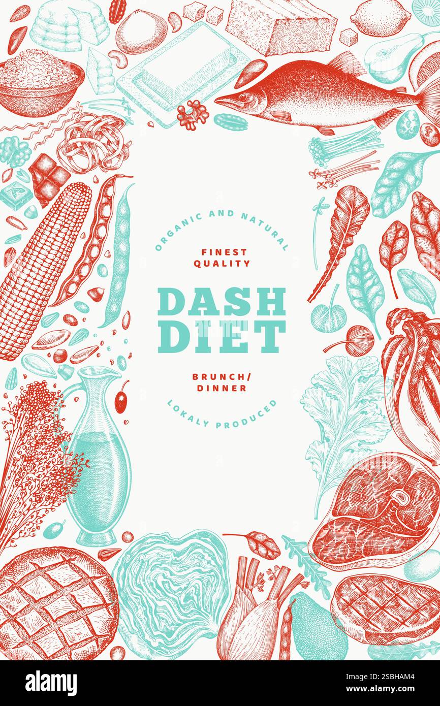 Dash Diet Design Template. Vector Hand Drawn Healthy Food Banner ...