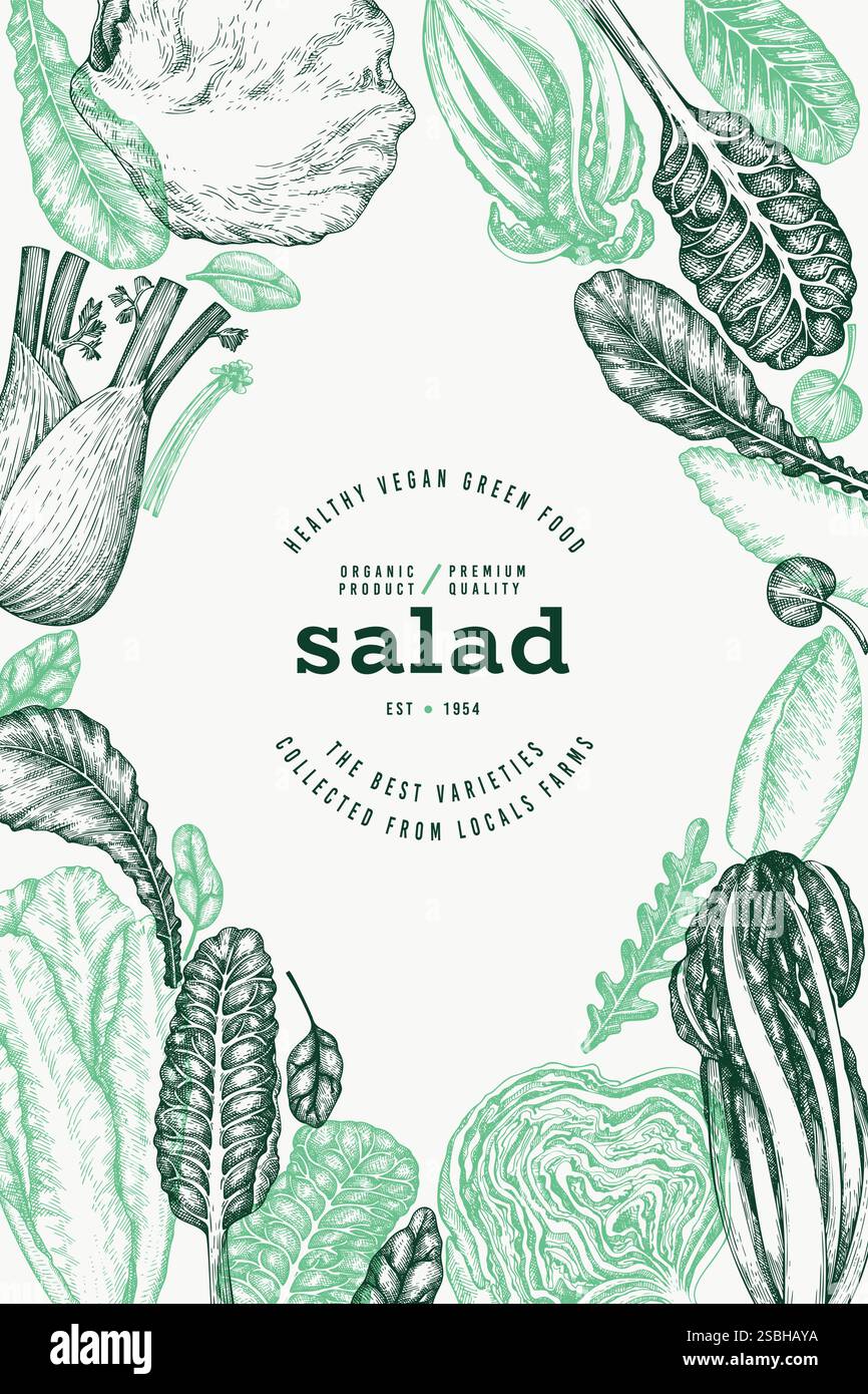 Green Vegetable Design Template. Vector Hand Drawn Healthy Leaf Salad ...