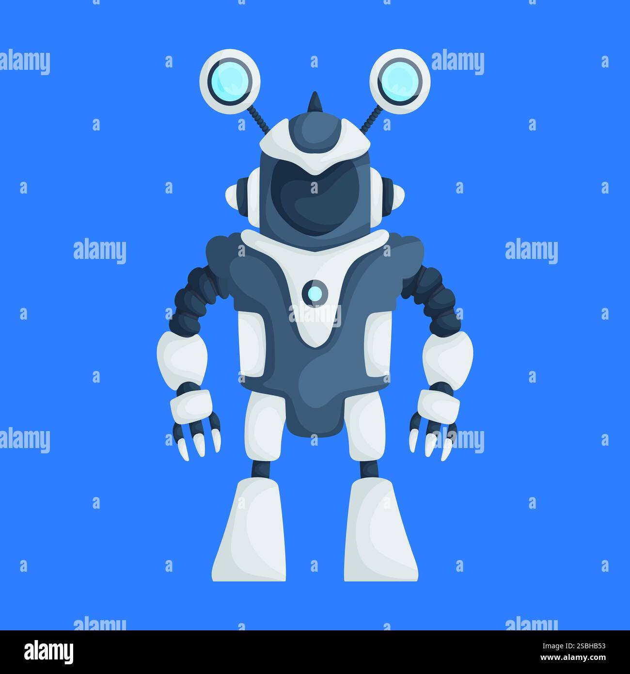 Cartoon illustration of a futuristic robot with blue and white design, claw-like hands, and ...