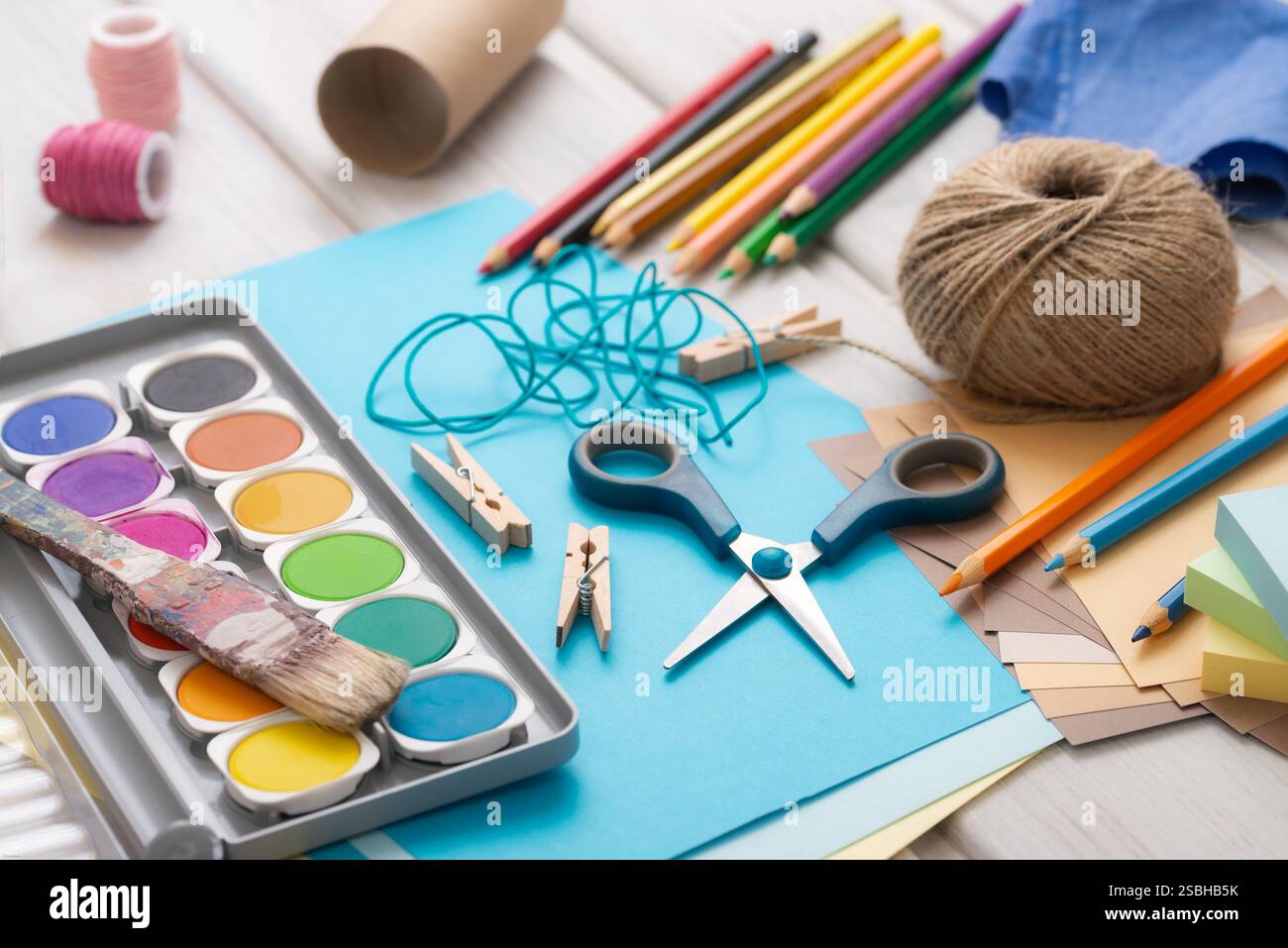 Craft materials for creative design with paper, cardboard and bright ...