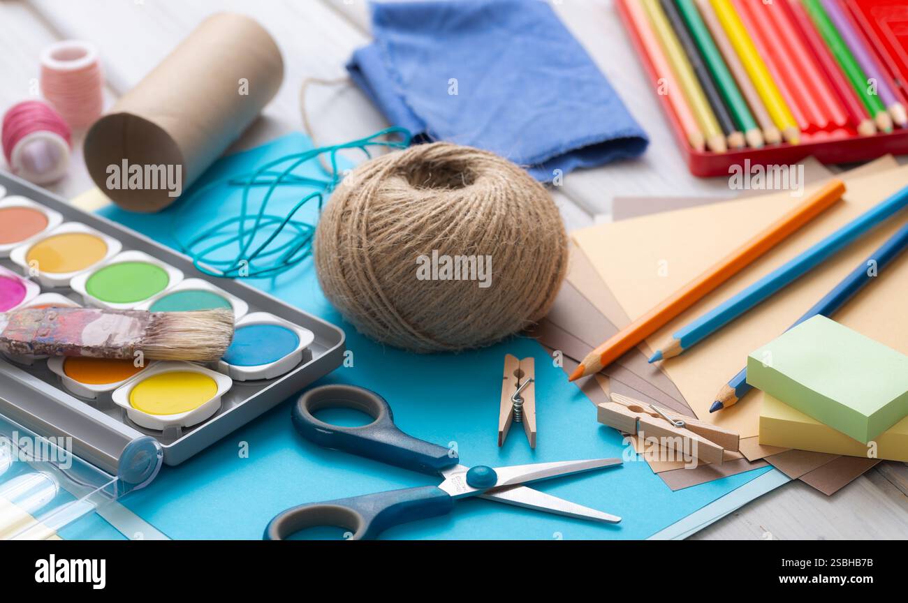 Craft materials for creative design with paper, cardboard and bright ...